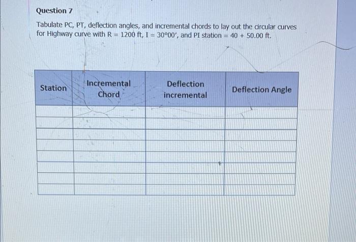Solved Question 7 Tabulate PC, PT, deflection angles, and | Chegg.com