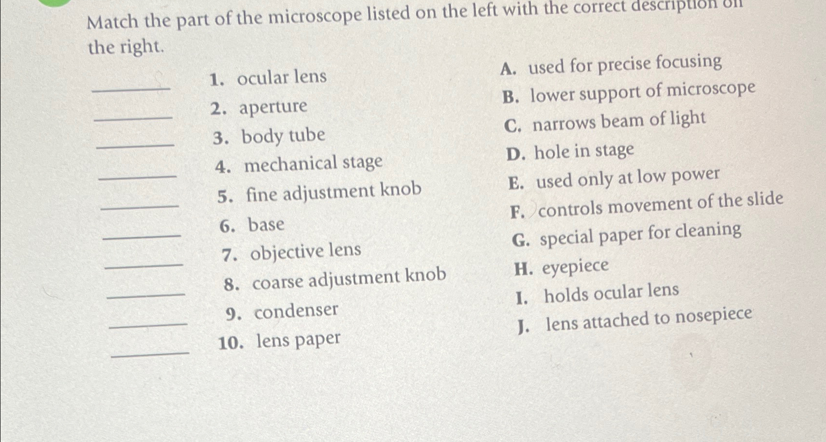 Solved Match the part of the microscope listed on the left | Chegg.com