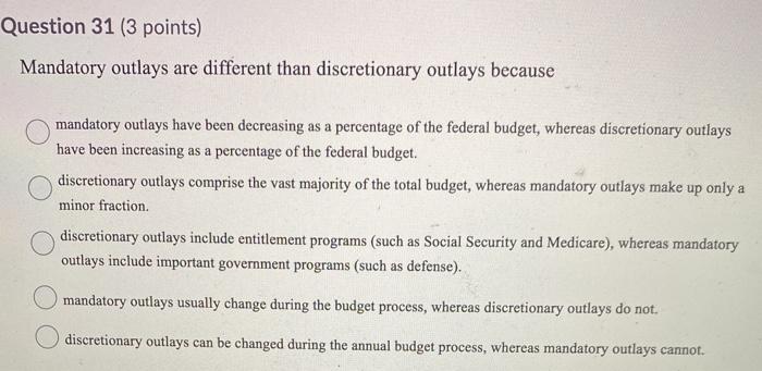 Solved Question 31 (3 points) Mandatory outlays are | Chegg.com