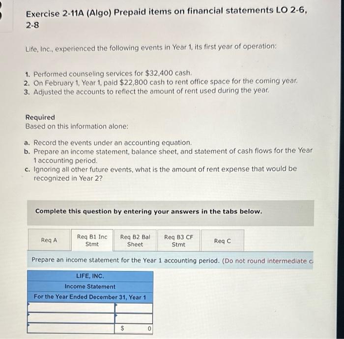 Solved Exercise 2-11A (Algo) Prepaid items on financial | Chegg.com