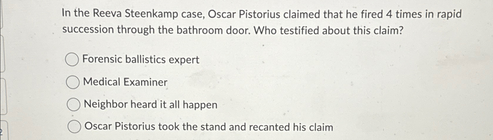 Solved In the Reeva Steenkamp case, Oscar Pistorius claimed | Chegg.com