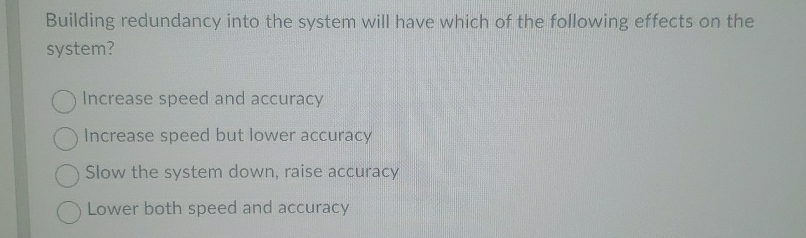 Solved Building redundancy into the system will have which | Chegg.com