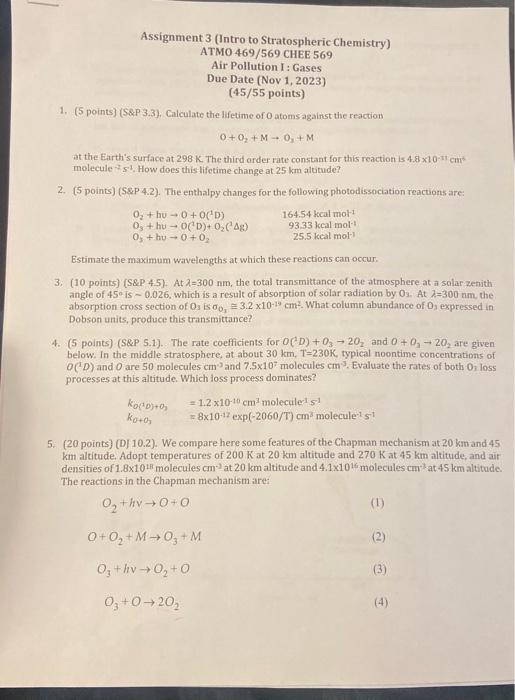 Solved Assignment 3 (Intro to Stratospheric Chemistry) ATMO | Chegg.com