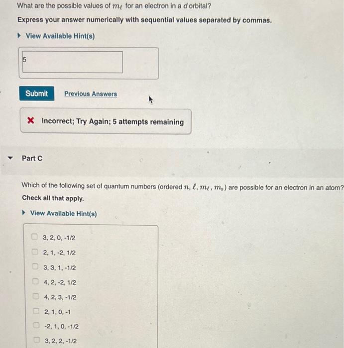 Solved What are the possible values of mℓ for an electron in | Chegg.com