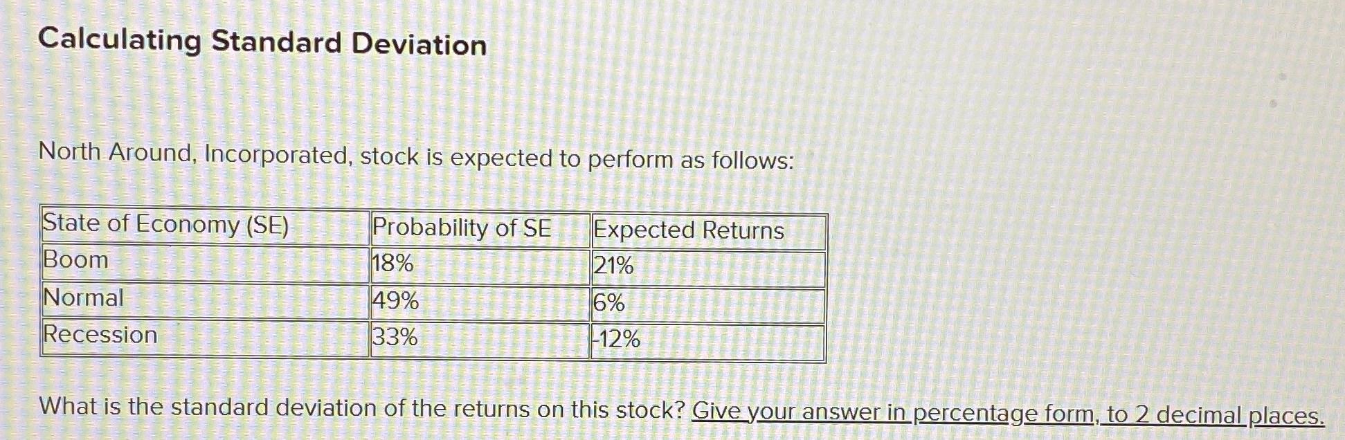 Solved Calculating Standard DeviationNorth Around, | Chegg.com