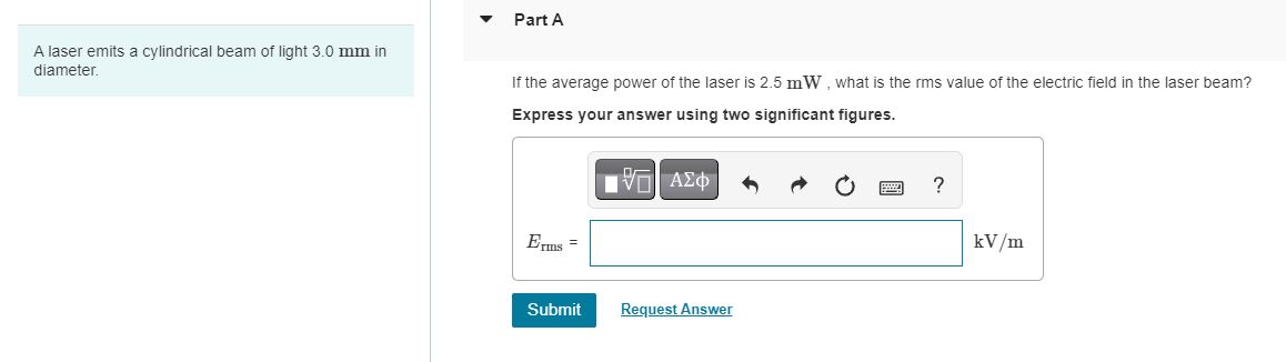 Solved Part AA laser emits a cylindrical beam of light 3.0mm | Chegg.com