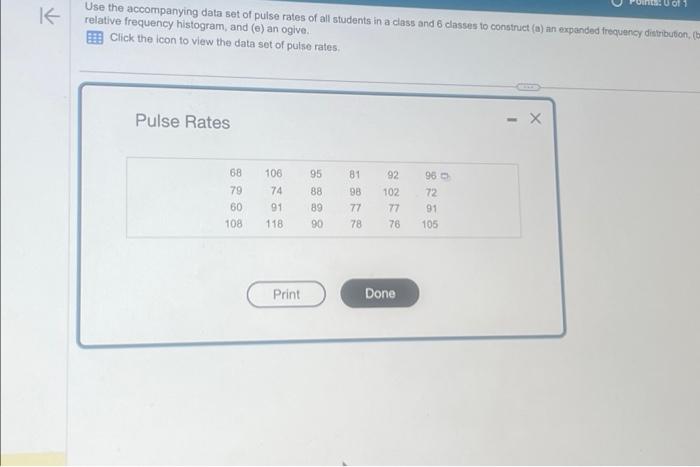 Solved K Use the accompanying data set of pulse rates of all | Chegg.com