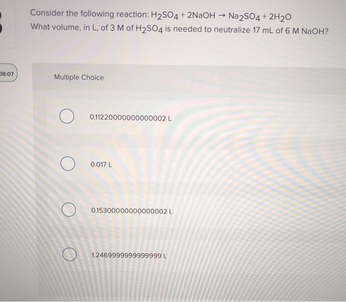 Solved Consider the following reaction: H2SO4 + 2NaOH - | Chegg.com