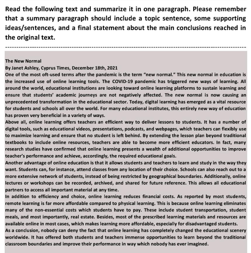 Read the following text and summarize it in one | Chegg.com