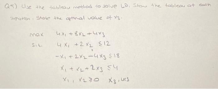 Solved Q5) Use the tableau method to solve LP. Stow the | Chegg.com