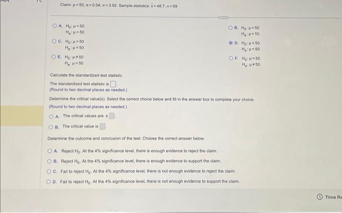 Solved Test the claim about the population, u , Mew, at the | Chegg.com