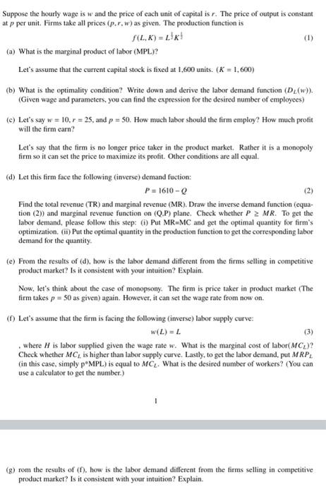 Solved Suppose the hourly wage is \\( w \\) and the price of | Chegg.com