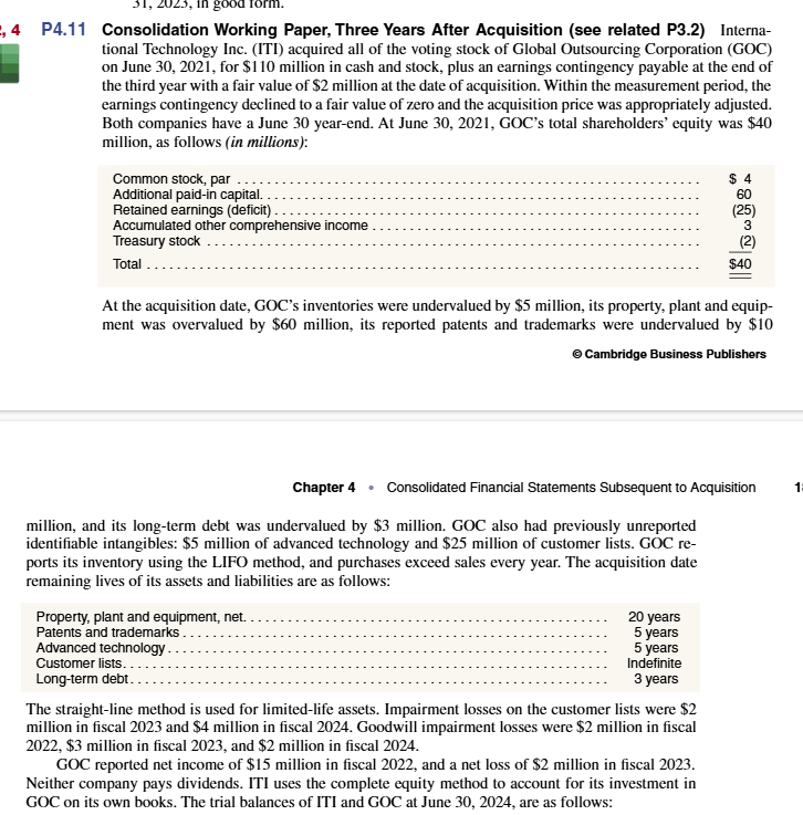 Solved P4.11 ﻿Consolidation Working Paper, Three Years After | Chegg.com
