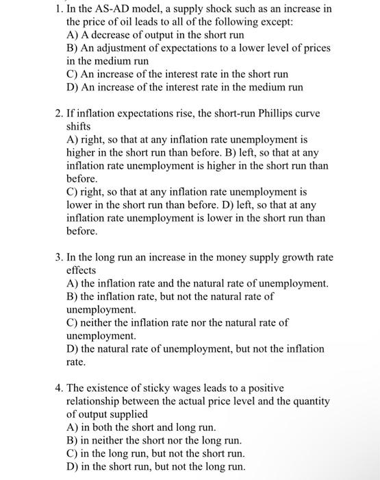 Solved 1. In the AS-AD model, a supply shock such as an | Chegg.com