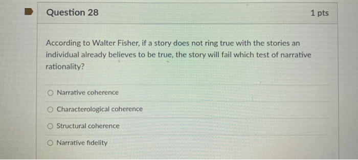 Solved Question 28 1 pts According to Walter Fisher, if a | Chegg.com
