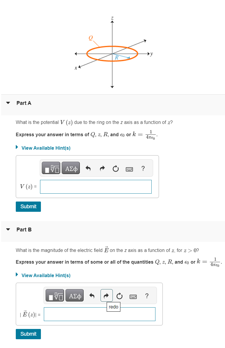 Solved Part AWhat is the potential V(z) ﻿due to the ring on | Chegg.com