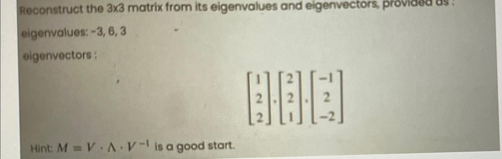 Solved Reconstruct the 3×3 ﻿matrix from its eigenvalues and | Chegg.com