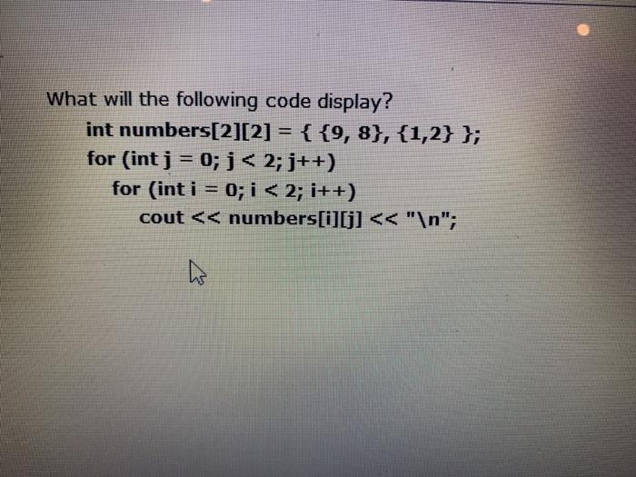 Solved What will the following code display? int | Chegg.com