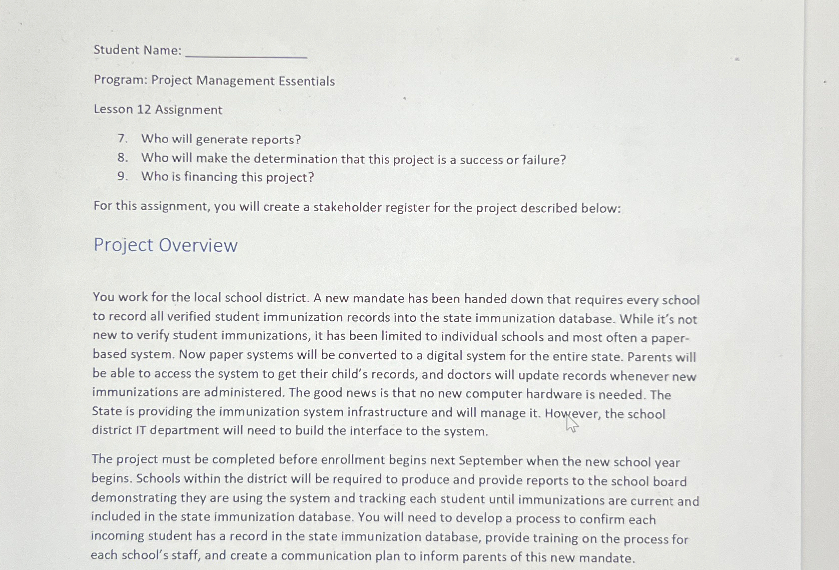 Solved Student Name:Program: Project Management | Chegg.com