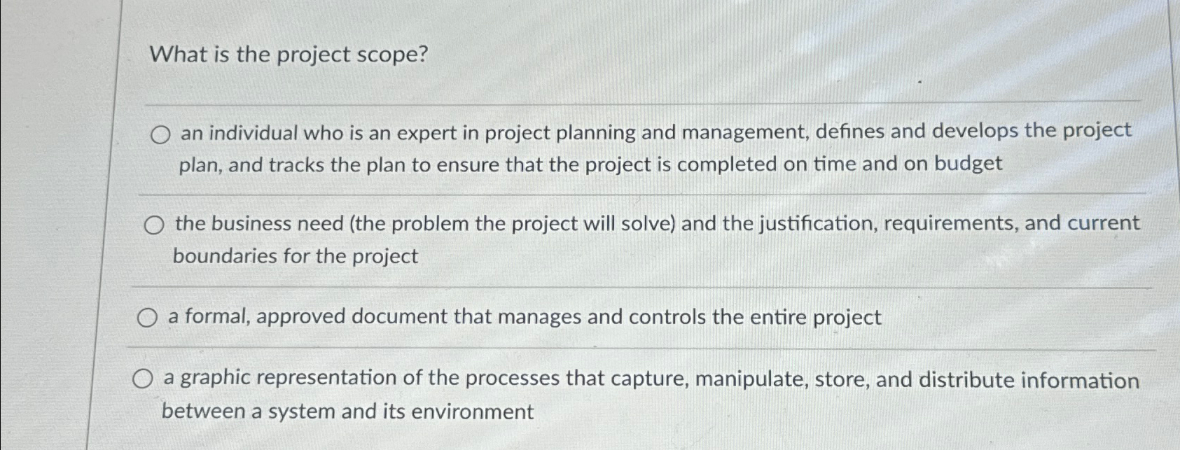 Solved What is the project scope?an individual who is an | Chegg.com