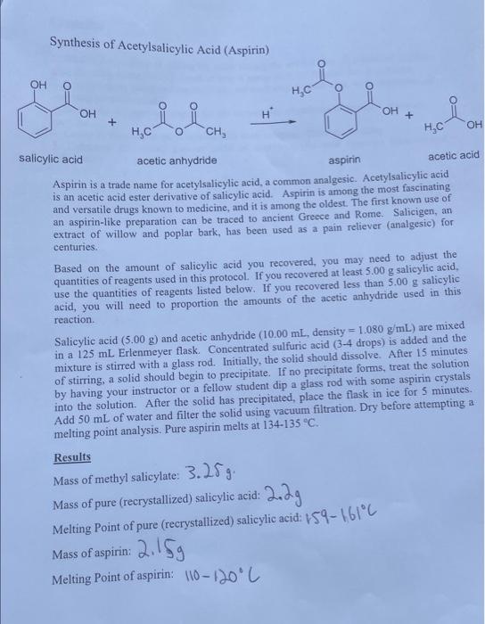 Solved Hydrolysis of Methyi Salicylate and Synthesis of | Chegg.com