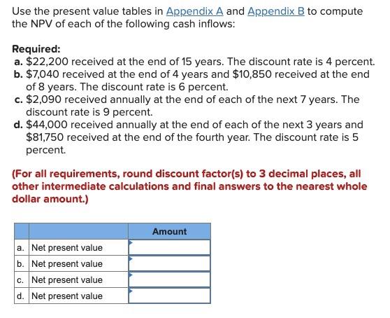 Solved Use the present value tables in Appendix A and | Chegg.com