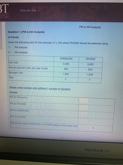 Solved 31 ENGLISH (EN) - PW & AW Analysis Question 1: (PW & | Chegg.com