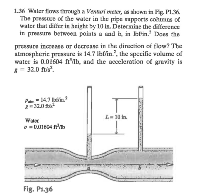 Solved 1.36 Water flows through a Venturi meter, as shown in | Chegg.com
