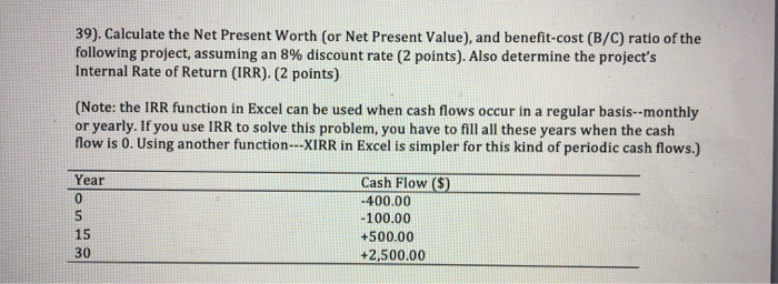 Solved 39). Calculate the Net Present Worth (or Net Present | Chegg.com