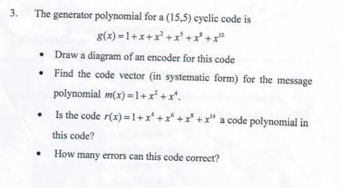 Solved The generator polynomial for a (15,5) ﻿cyclic code | Chegg.com