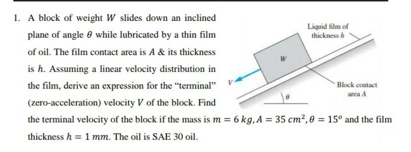 Solved 1. A block of weight W slides down an inclined Liquid | Chegg.com