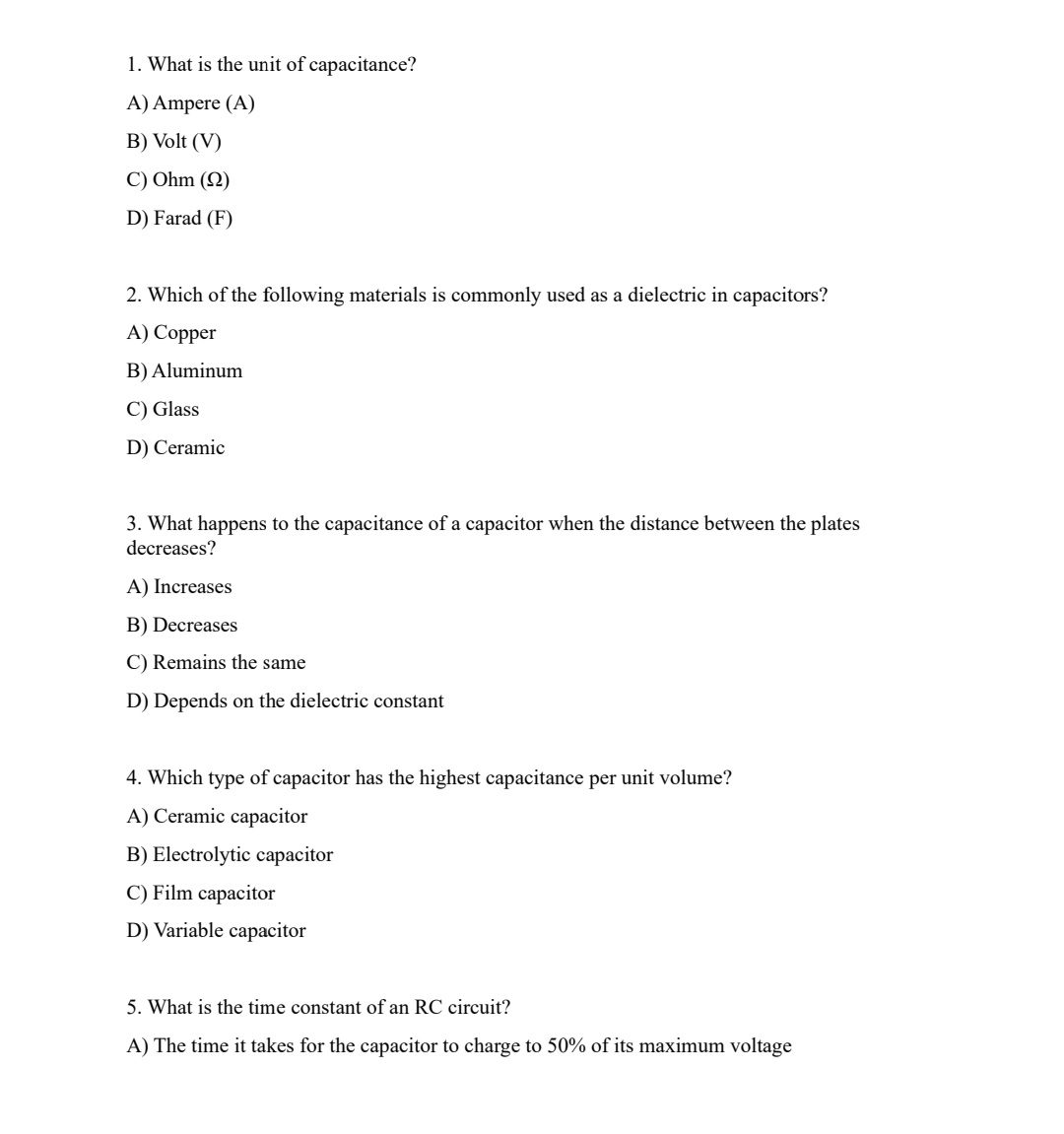 Solved What is the unit of capacitance?A) ﻿Ampere (A)B) | Chegg.com