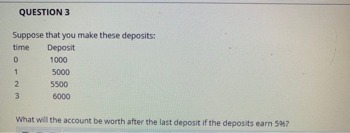 Solved QUESTION 3 Suppose that you make these deposits: time | Chegg.com