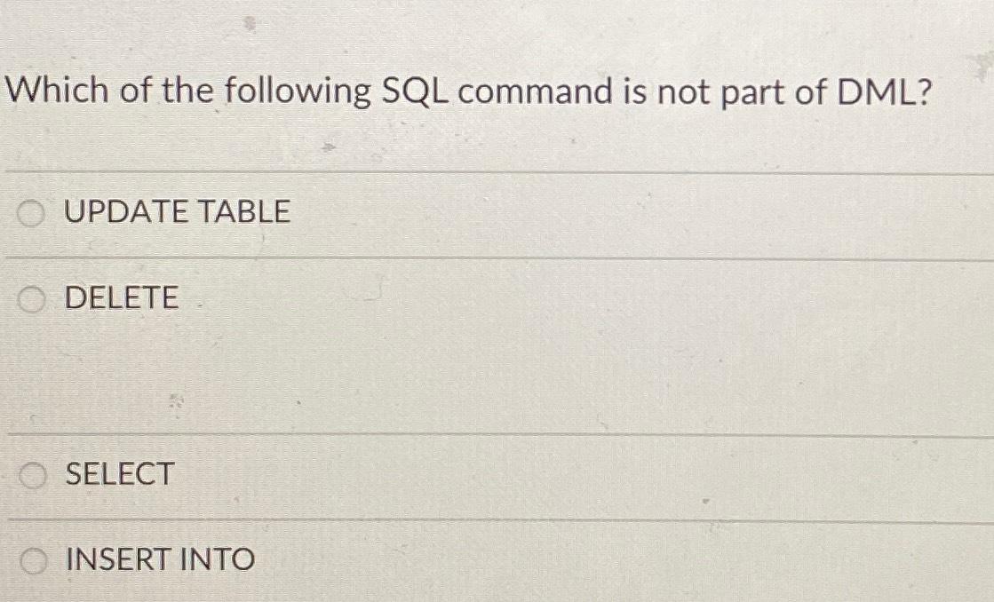 Solved Which of the following SQL command is not part of | Chegg.com