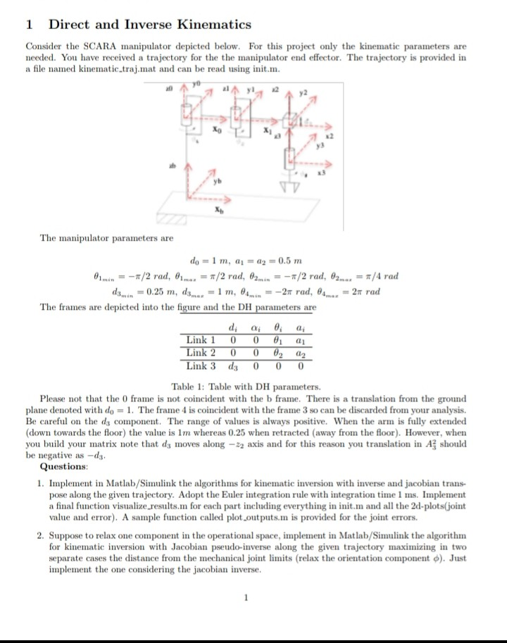 1 Direct and Inverse Kinematics Consider the SCARA | Chegg.com