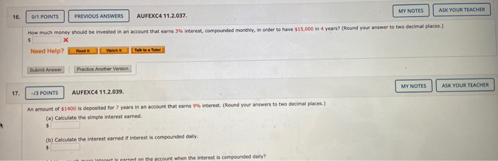 Solved 16. 01 POINTS PREVIOUS ANSWERS AUFEXC4 11.2.037. MY | Chegg.com