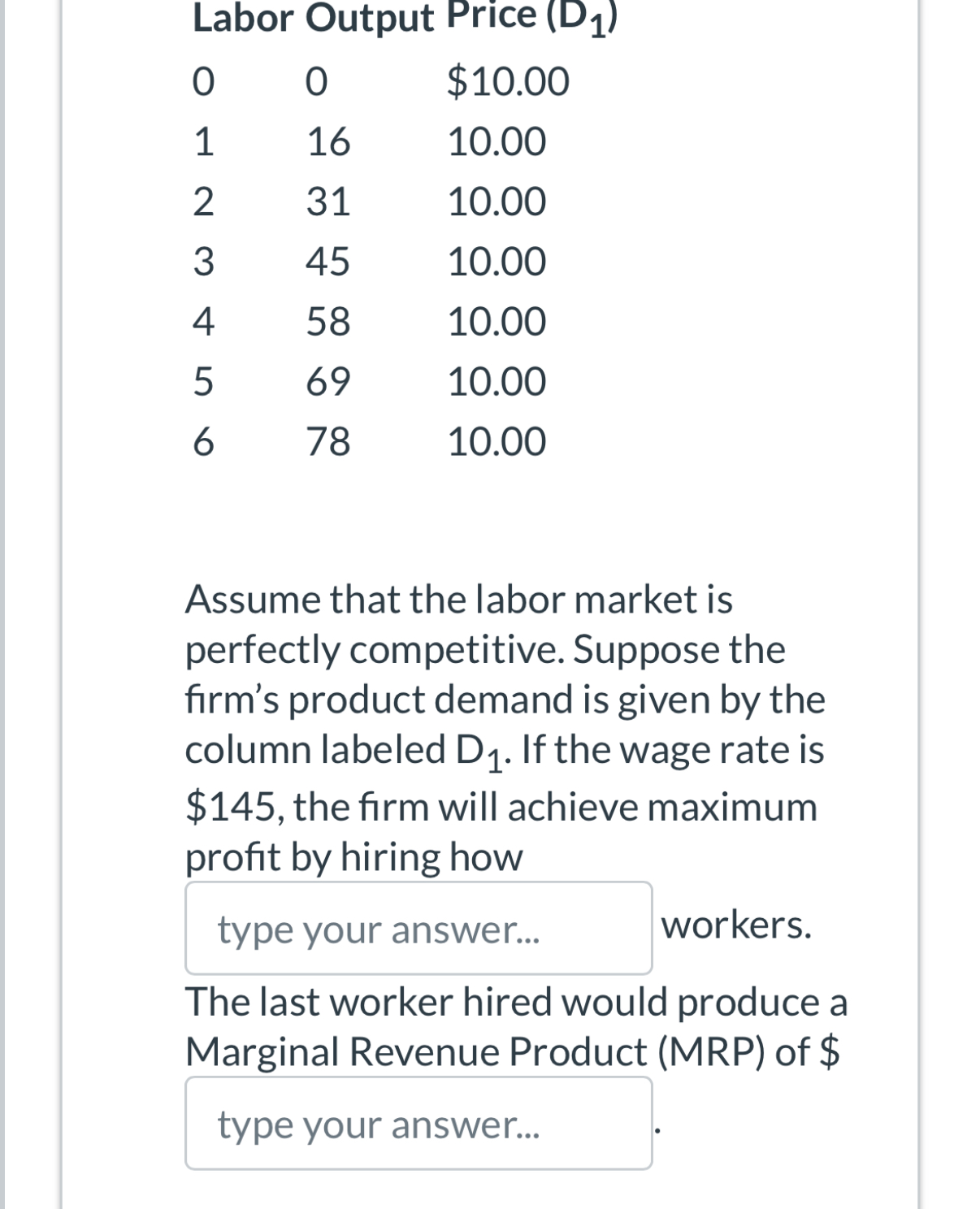 Solved \table[[Labor Output],[\table[[Price | Chegg.com