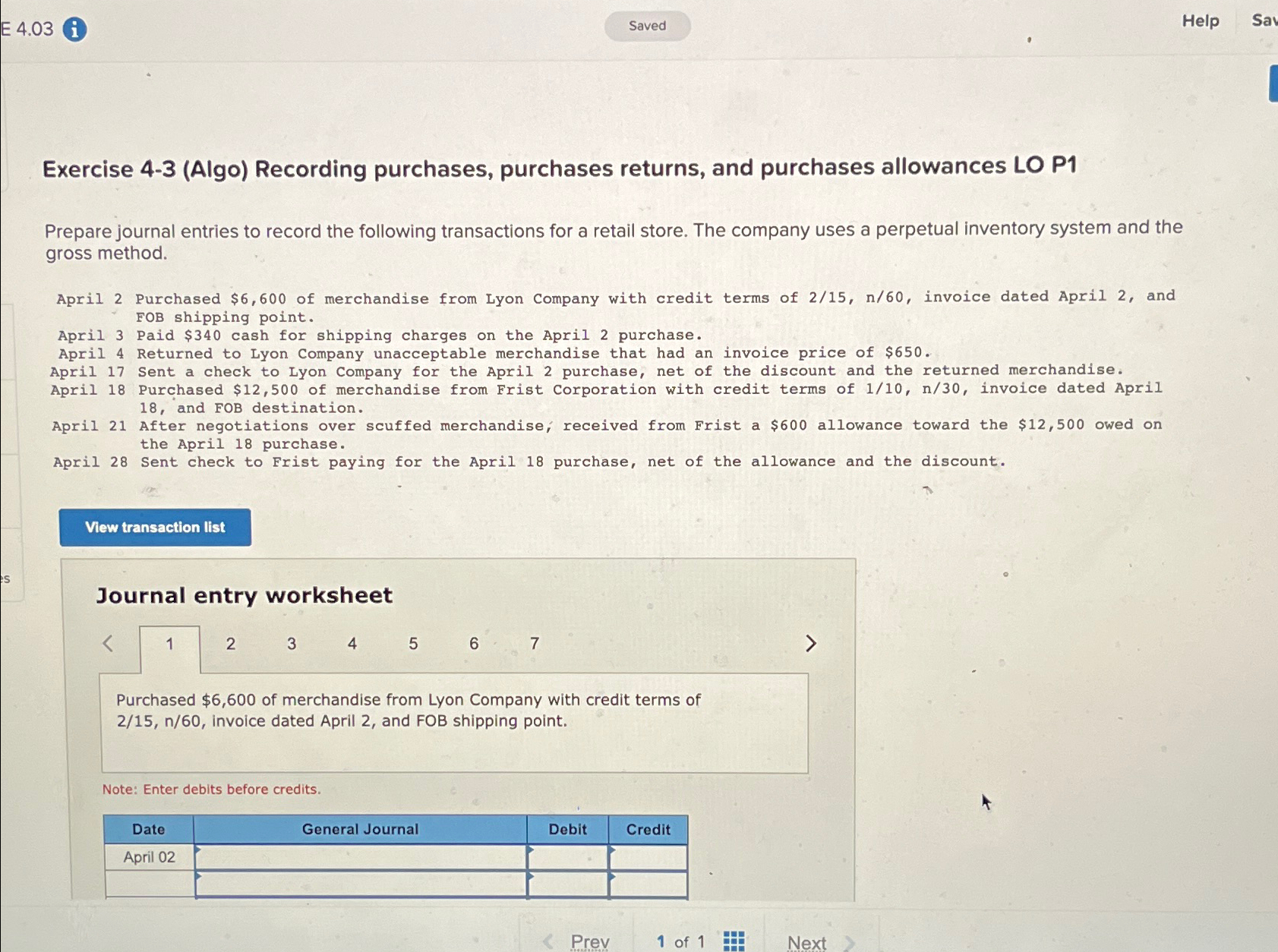 Solved E 4.03HelpSalExercise 4-3 (Algo) ﻿Recording | Chegg.com