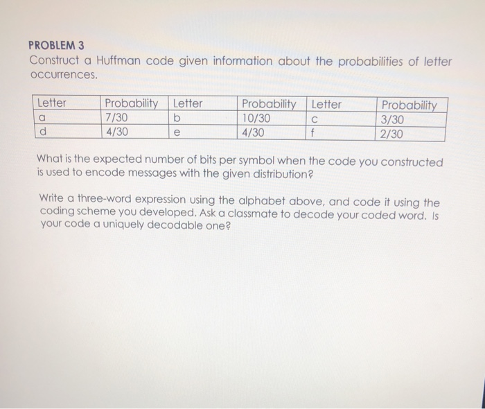 Solved PROBLEM 3 Construct a Huffman code given information | Chegg.com