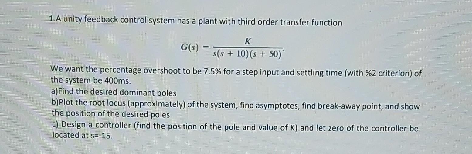 Solved 1.A unity feedback control system has a plant with | Chegg.com