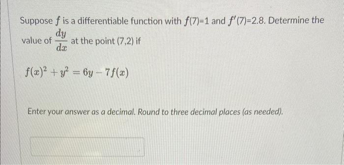 Solved Suppose f is a differentiable function with f(7)=1 | Chegg.com