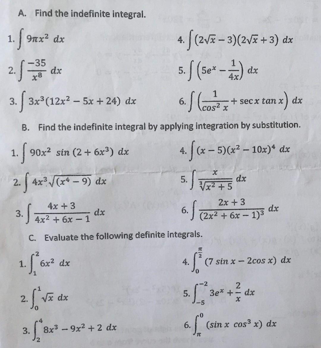 Solved A. Find the indefinite integral. 1. dx 4. S(27x – | Chegg.com