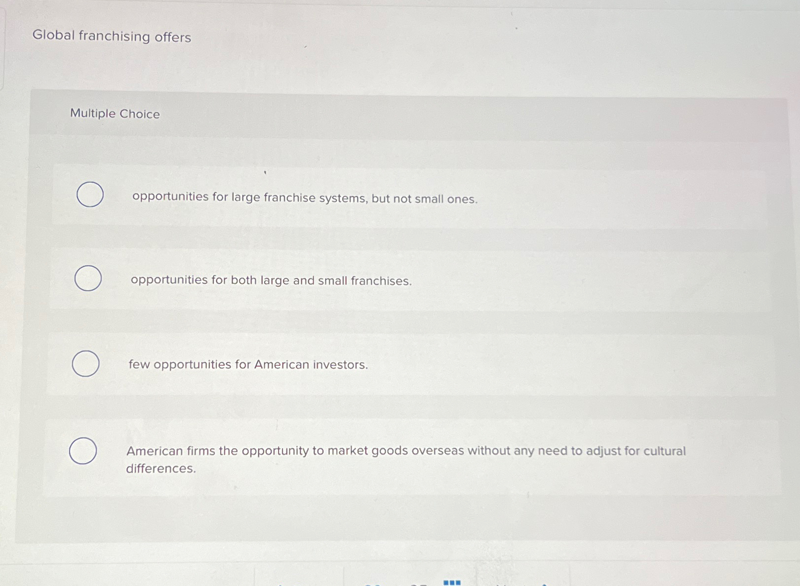 Solved Global franchising offersMultiple Choiceopportunities | Chegg.com