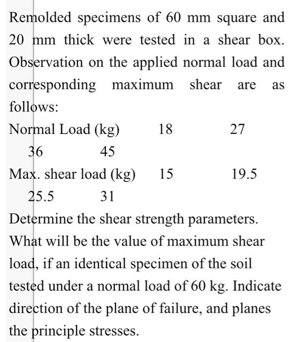 Solved as Remolded specimens of 60 mm square and 20 mm thick | Chegg.com