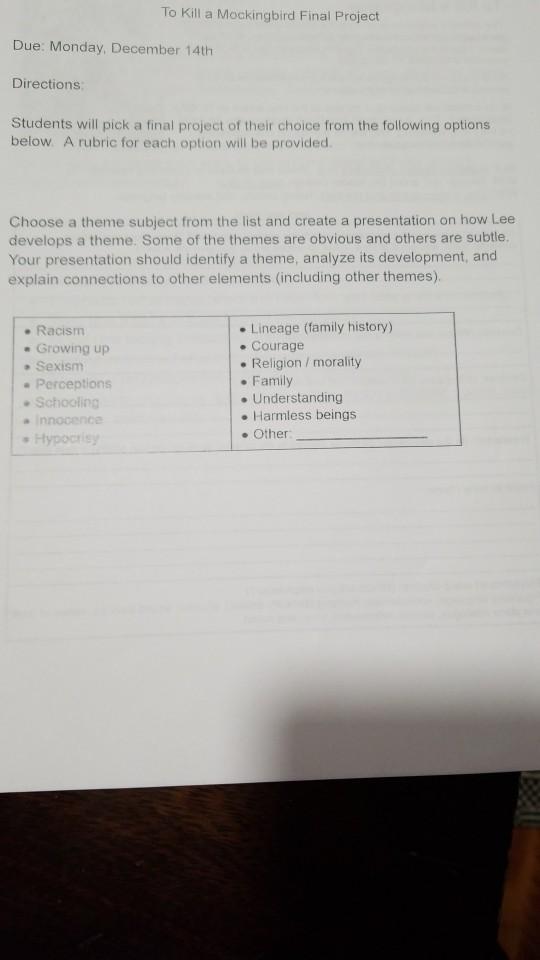 To Kill a Mockingbird Final Project Due: Monday, | Chegg.com