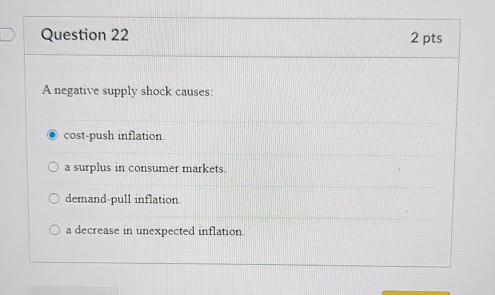 Solved A negative supply shock causes: cost-push inflation. | Chegg.com