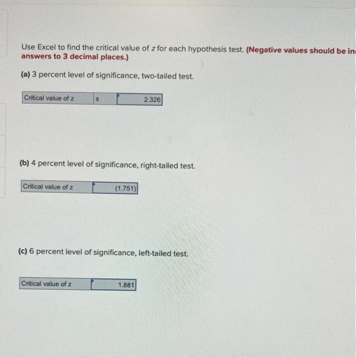 Solved Use Excel to find the critical value of z for each | Chegg.com