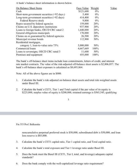 Solved A bank's balance sheet information is shown below. | Chegg.com