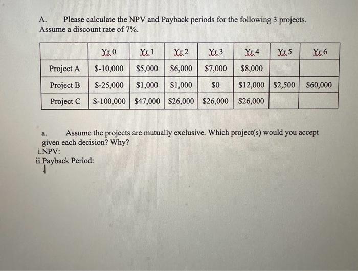 Solved A. Please calculate the NPV and Payback periods for | Chegg.com