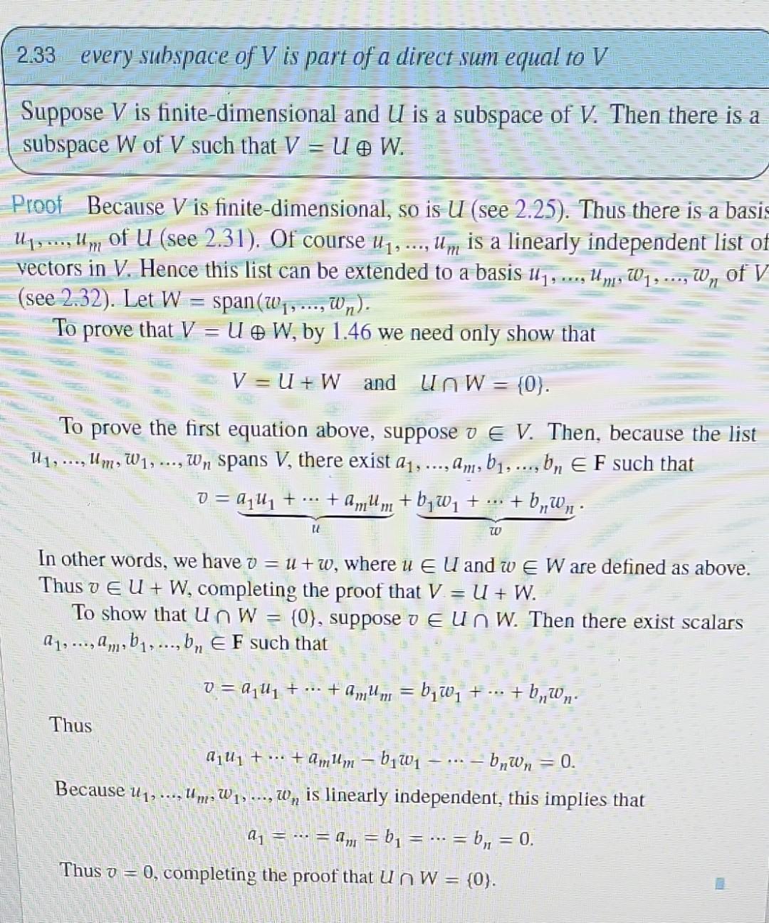 Solved 2.33 every subspace of V is part of a direct sum | Chegg.com
